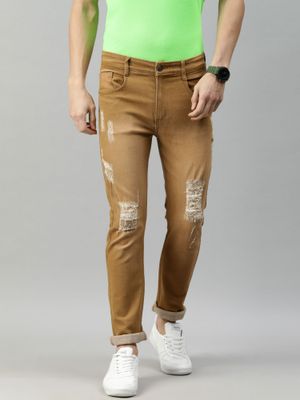 Buy Urbano Fashion Men Khaki Slim Fit Heavy Distressed-Torn Jeans Online
