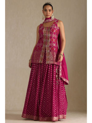 Buy Soch Womens Pink Brocade Woven Design Top with Lehenga & Dupatta ...
