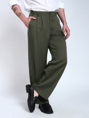 Buy Perch Olive Solid Pleated Korean Trouser (28) Online