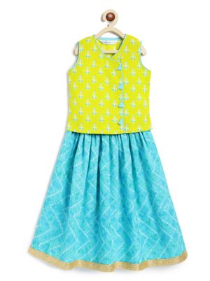 Buy Campana Girls Papiha Lehenga with Choli - Blockprint - Turquoise ...
