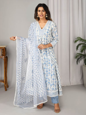 Buy SHAABA CLOTHING Off White Blue Hand Block Printed Kurta with Pant ...