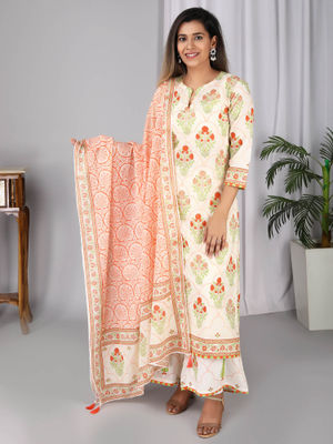 Buy SHAABA CLOTHING Off White Orange Hand Block Printed Kurta With ...
