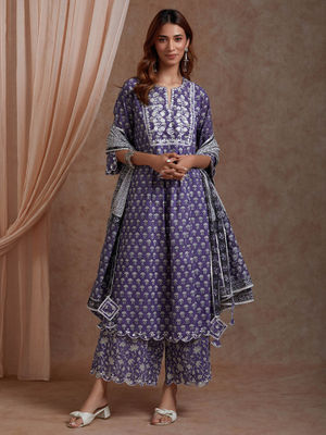 Buy SHAABA CLOTHING Purple Mirror & Block Printed Kurta & Palazzo with ...