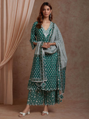 Buy SHAABA CLOTHING Green Mirror & Block Printed Kurta & Palazzo with ...