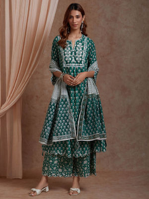 Buy SHAABA CLOTHING Green Mirror & Block Printed Kurta & Palazzo with ...