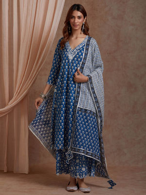 Buy SHAABA CLOTHING Blue Block Printed Kurta & Palazzo with Dupatta ...
