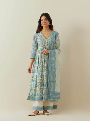 Buy SHAABA CLOTHING Off White Blue Block Printed Gathered Kurta ...