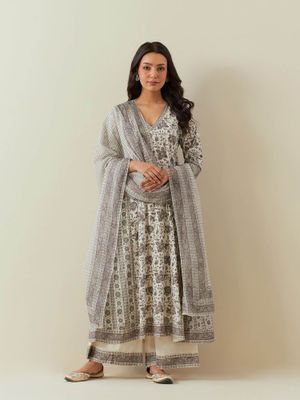 Buy SHAABA CLOTHING Off White Grey Block Printed Cotton Kurta & Palazzo ...