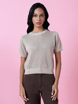 Buy SHOWOFFFF Women Beige Self Design Sheer Top Online
