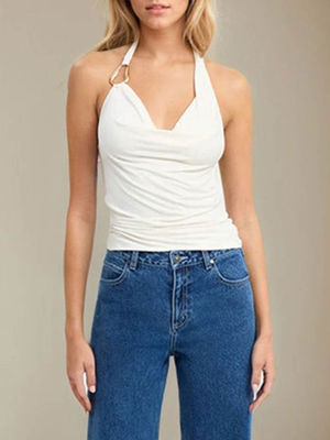 Buy Outzidr Off White Halter Neck Buckle Attached Top (S) Online