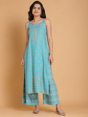 Ojas Designs Palazzo Sets : Buy Ojas Designs Sky Blue Rayon Printed ...