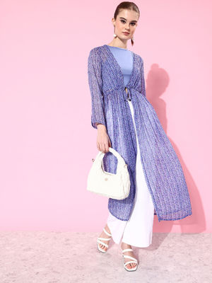 Buy ANVI Be Yourself Floral Print Blue Long Tie-up Shrug Online