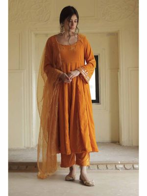 Buy Resha India Makhmali Mustard Anarkali (Set of 3) Online