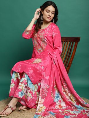 Buy Rama's Women Pink Color Embroidery Printed Kurta Palazzo with ...