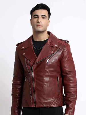 Buy Saint G Fabio Men Burgundy Leather Biker Style Jacket (S) Online