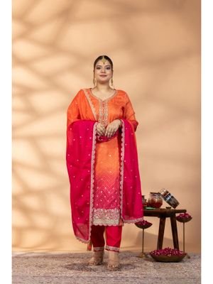 Buy Mamicha Orange Gulnar Kurta with Pant and Dupatta (L) Online