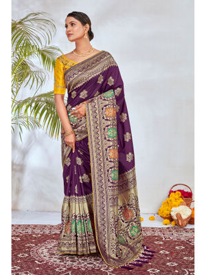 Buy Monjolika Fashion Purple Color Banarasi Silk Blend Woven ...