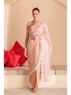 Buy SEW Rose Gold Blush Pre Draped Organza Saree with Stitched Blouse ...