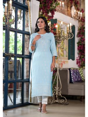 Buy Juniper Powder Blue Ethnic Motif Floral Printed Rayon Kurta (XS) Online