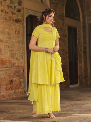Buy EverBloom Basanti Yellow Brush Paint Kurta With Sharara And Dupatta ...
