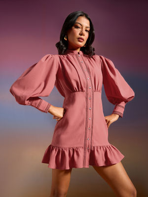Buy RSVP by Nykaa Fashion Puce Pink Textured Laced Ruffled Mini Dress ...