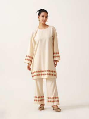 Buy Kashmir Box Ivory Comfort Fit Hand Embroidered Cotton Kurta with ...