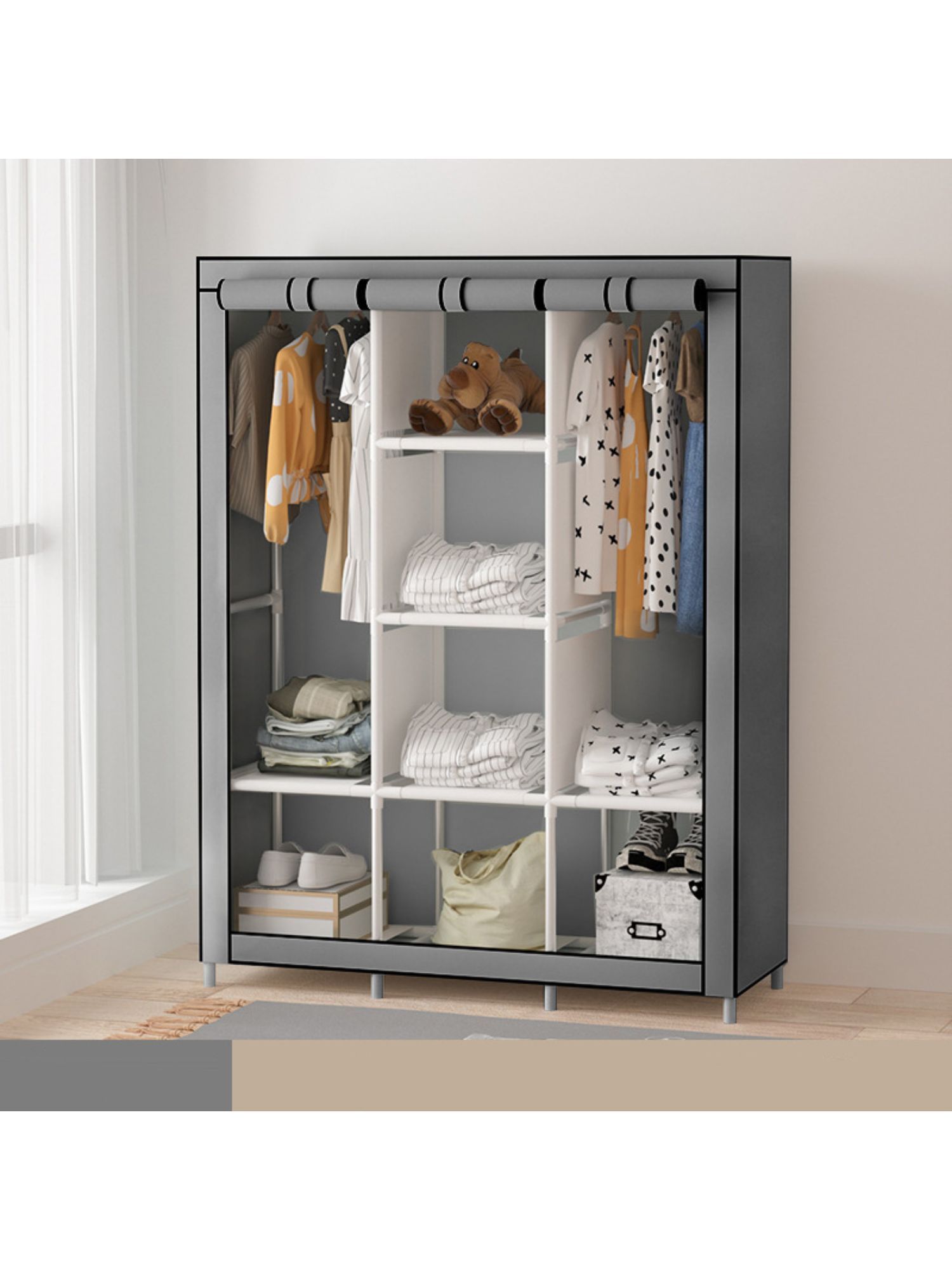 Buy Kuber Industries Foldable Wardrobe for Clothes 6 Shelves Almirah for Clothes Grey Online