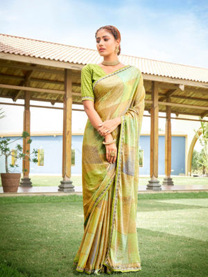 Buy Odette Green and Multi-Color Colorblock Chiffon Saree with ...