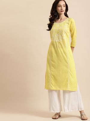 Buy Rangmayee Women Yellow & White Embroidered Straight Kurta Online