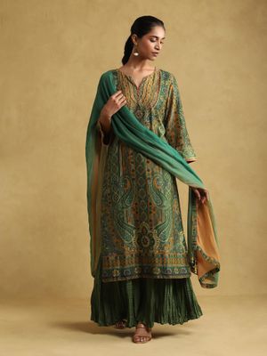 Buy Ritu Kumar Green Paisely Print Kurta with Sharara and Dupatta (Set ...