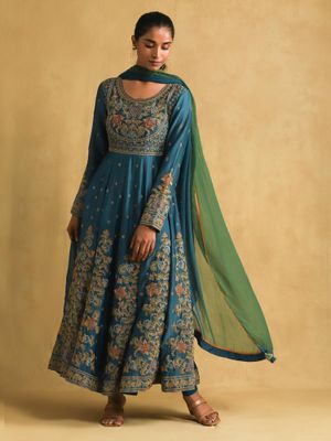 Buy Ritu Kumar Blue Embroidered Anarkali with Legging and Dupatta (Set ...