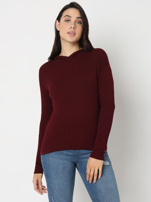Buy VERO MODA Maroon Ribbed Knit Hooded Top Online