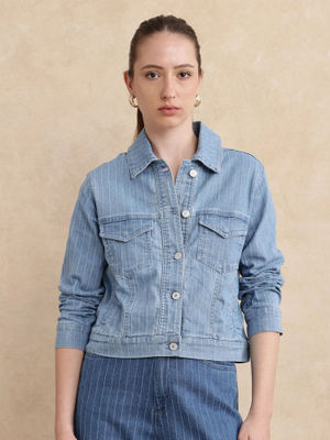 Buy RAREISM Luz Light Blue Striped Regular Jacket (XS) Online