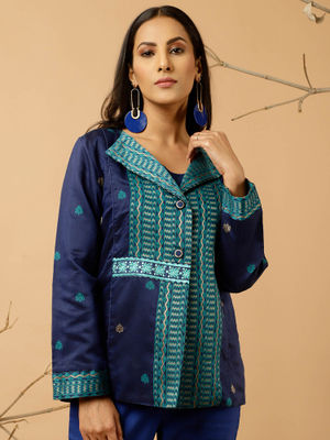Buy Jaipur Kurti Navy Blue Jacquard Chanderi Embroidered Jacket Online