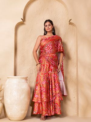 Buy Mabish By Sonal Jain Floral Print Red Pre-Draped Double Layer Saree ...