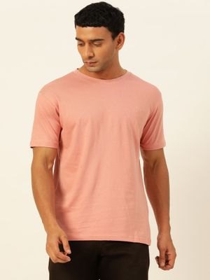 Buy JAVINISHKA Solid Peach Round Neck Cotton Relaxed Fit T Shirt Online