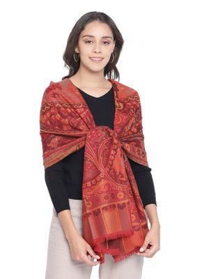 Buy Shingora Maroon Wool Blend Woven Design Fringed Women Shawl Online