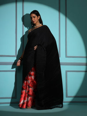 Buy Tikhi Imli Black & Red Digital Printed Saree Satin Pleated Pallu ...