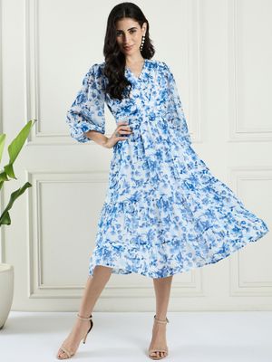 Buy Magre Flex Fit Blue Floral Print Flared Smocking Dress (XS) Online