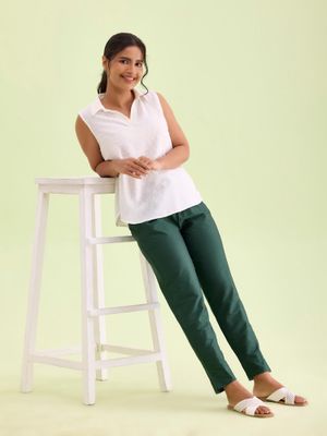 Buy Go Colors Women Bottle Green Solid Mid Rise Metallic Pants Online