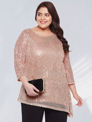 Buy Beige Plus Size Sequin Curve Asymmetric Top Online