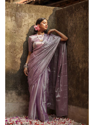 Buy Huts and Looms Lavender Lilly Tissue Saree without Blouse Online