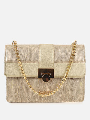 Buy Carlton London Women Gold Textured Sling Bag with Gold Chain Detail ...
