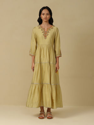Buy Aarke Ritu Kumar Yellow Embroidered Tiered Long Dress Online