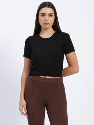 Buy Madame Ribbed Round Neck Bodycon Solid Black Crop Top (S) Online