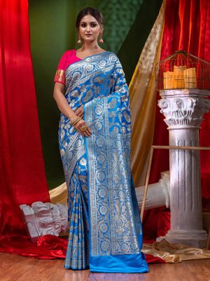 Buy House Of Begum Bridal Banaras Blue Silk Saree With Unstitched ...