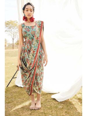 Buy Aapro Label Block Printed Green Saree Dress Online