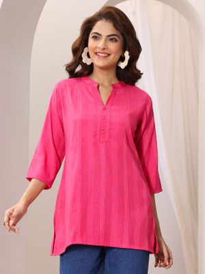 Buy Libas Pink Woven Design Straight Short Kurti (S) Online