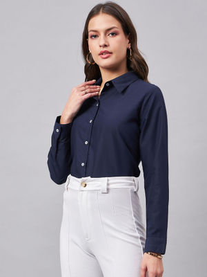 Buy Style Quotient Women`s Smart Navy Blue Spread Collar Full Sleeves ...