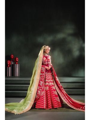 Buy Masaba Red Anar Dana Lehenga with Kurta, Koti and 2 Dupatta (Set of ...